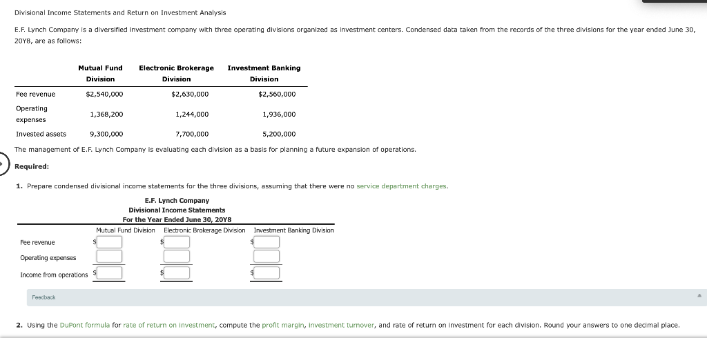 Solved Divisional Income Statements and Return on Investment | Chegg.com