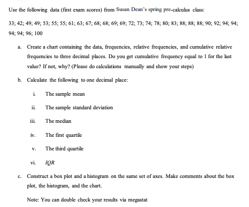 Solved Use the following data (first exam scores) from Susan | Chegg.com