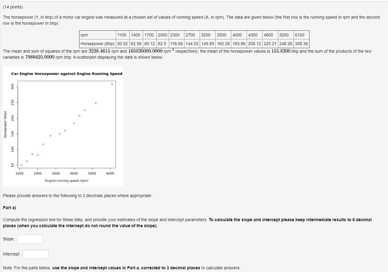 Solved The horsepower (Y, in bhp) of a motor car engine was | Chegg.com