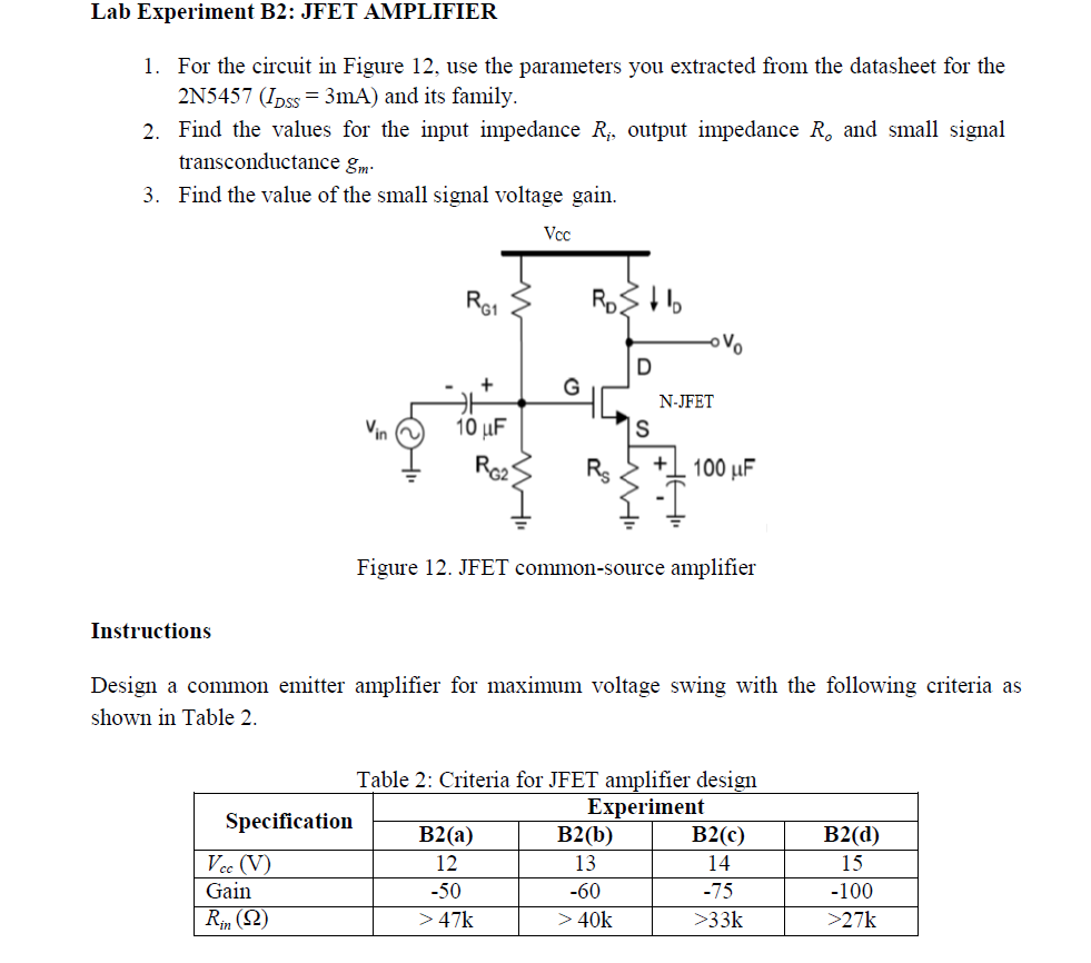 Solved Lab Experiment B2: JFET AMPLIFIER 1. For the circuit | Chegg.com
