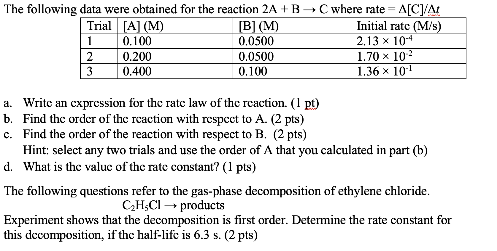 Solved The Following Data Were Obtained For The Reaction 2a