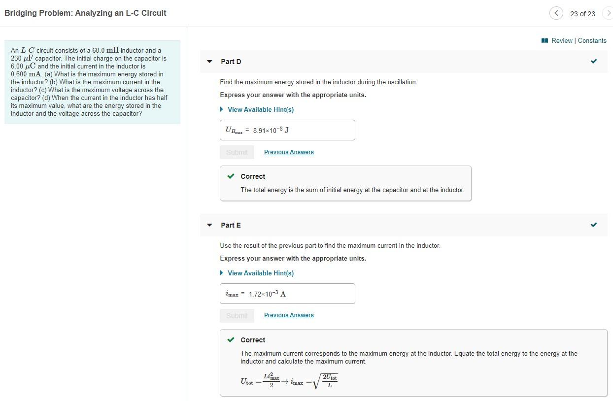 Solved Bridging Problem: Analyzing an L-C Circuit 23 of 23 A | Chegg.com