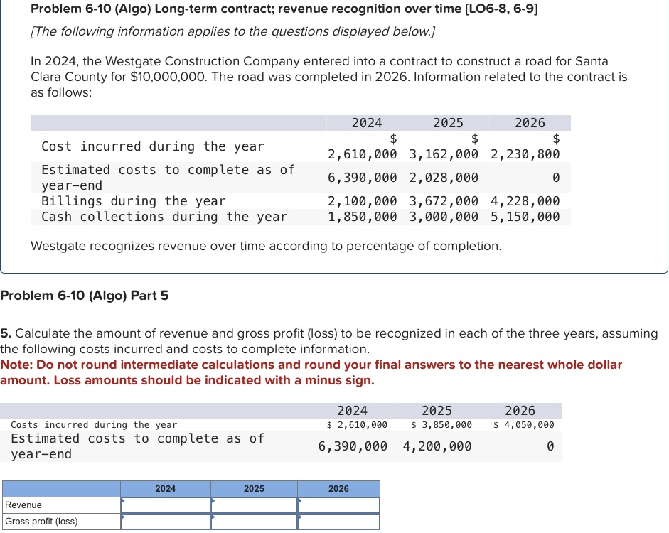 Solved Problem 6-10 (Algo) Long-term contract; revenue | Chegg.com