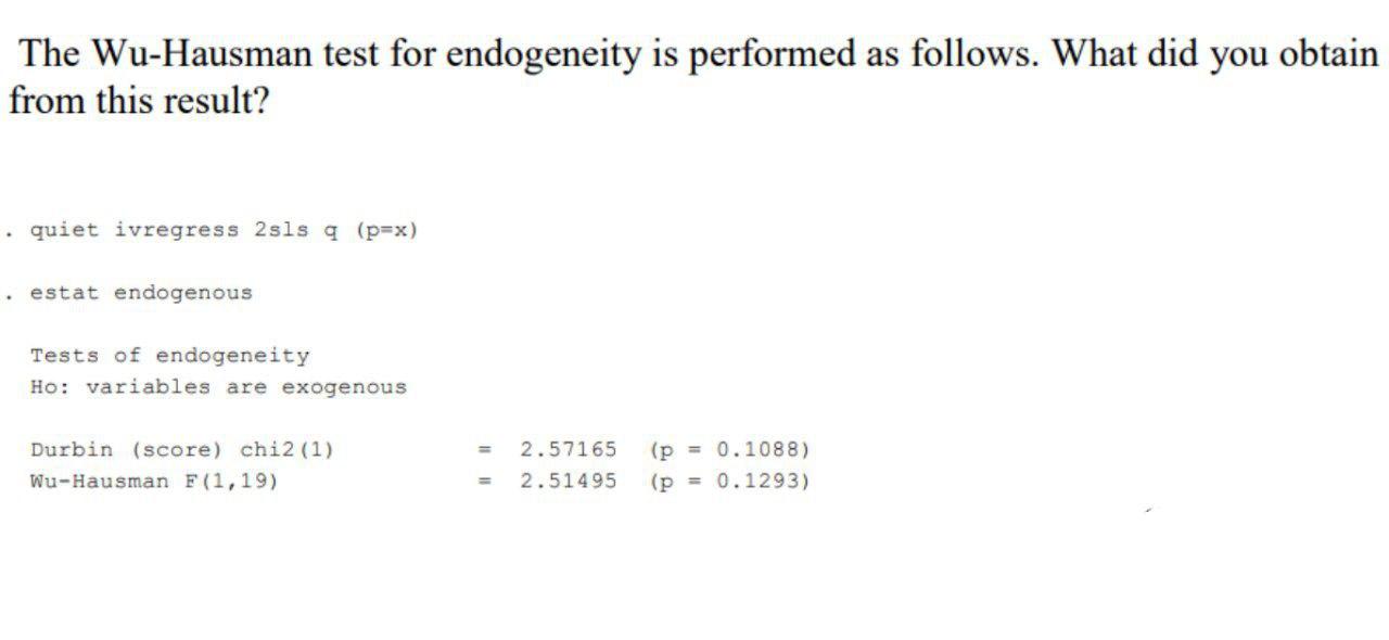 Solved The Wu-Hausman test for endogeneity is performed as | Chegg.com