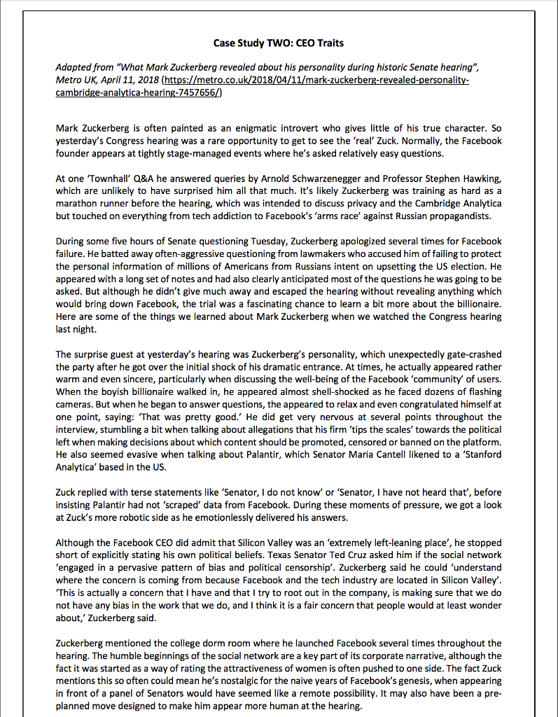 Solved Case Study TWO: CEO Traits Adapted from "What Mark | Chegg.com