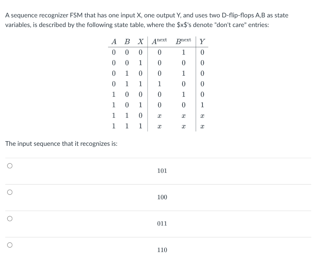 Solved A Sequence Recognizer Fsm That Has One Input X One 8871