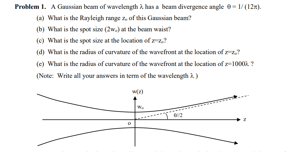 Solved Problem 1. A Gaussian beam of wavelength â has a beam | Chegg.com
