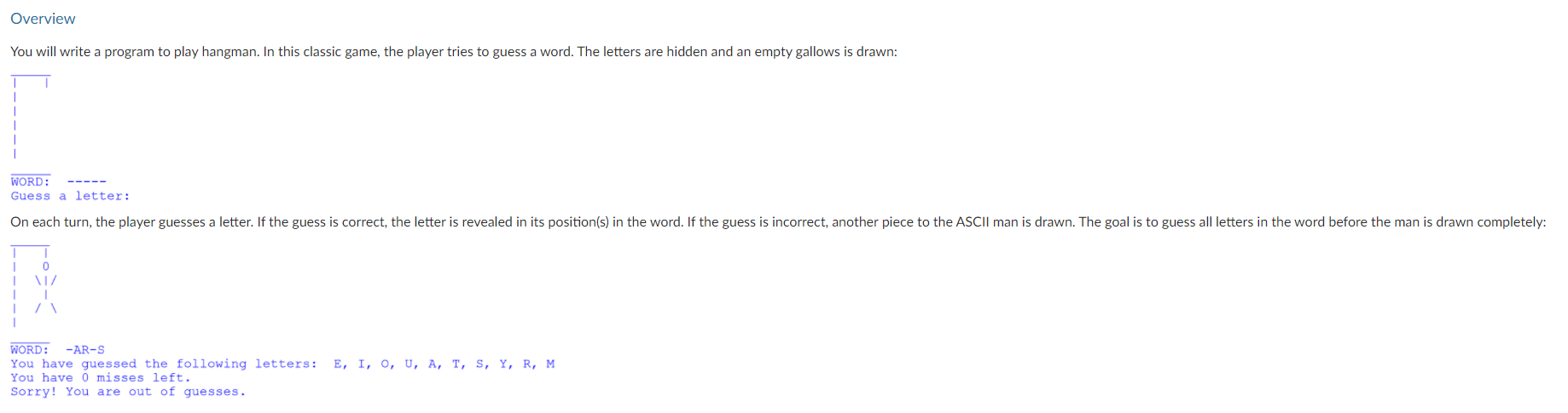 Overview You will write a program to play hangman. In | Chegg.com