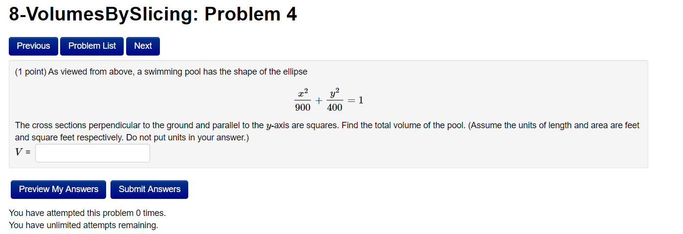 Solved 8-VolumesBySlicing: Problem 4 Previous Problem List | Chegg.com