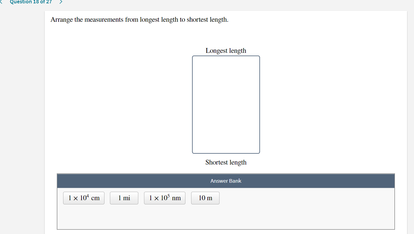 Solved Question 18 of 27 Arrange the measurements from | Chegg.com
