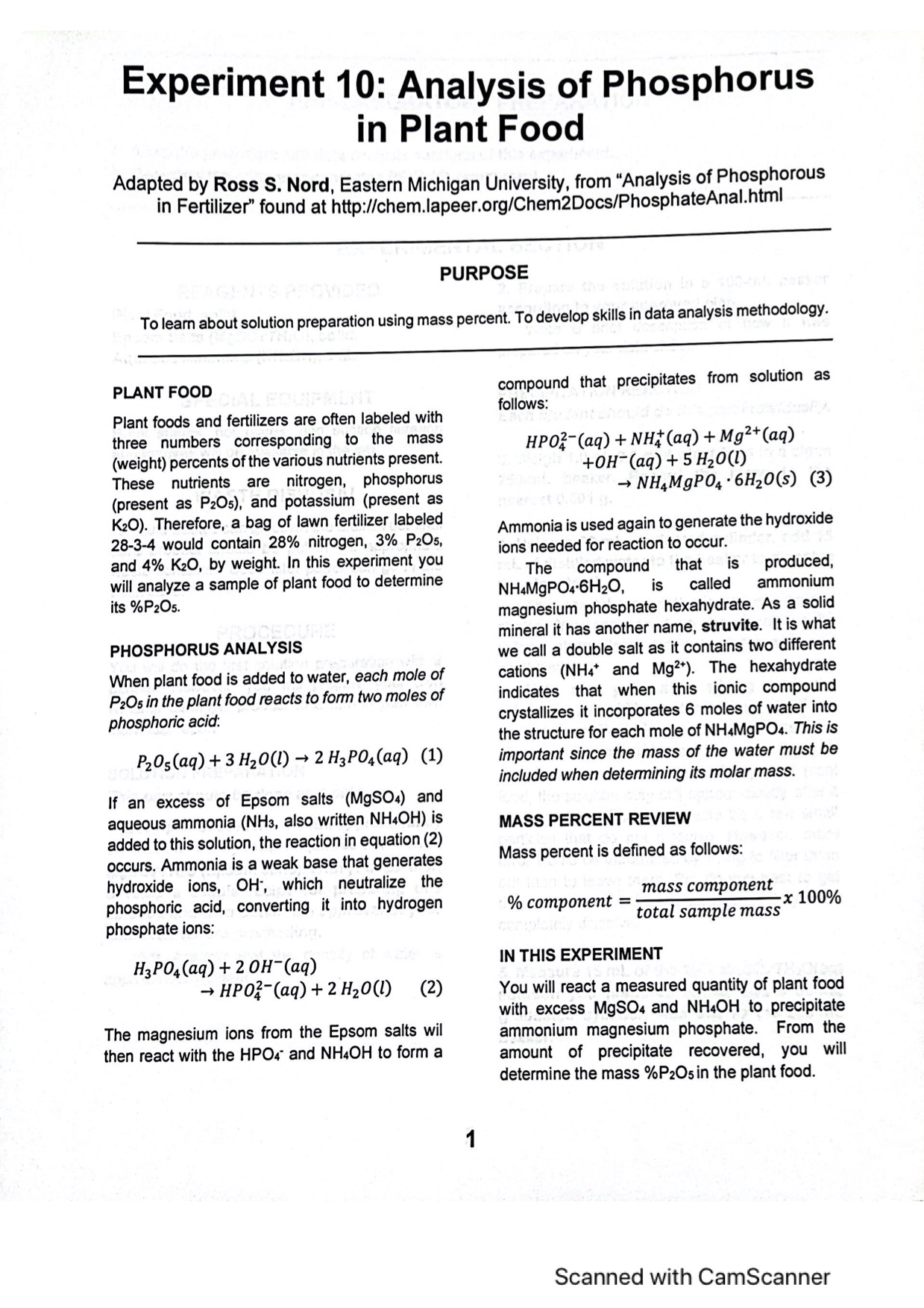 Experiment 10: Analysis of Phosphorus in Plant Food | Chegg.com