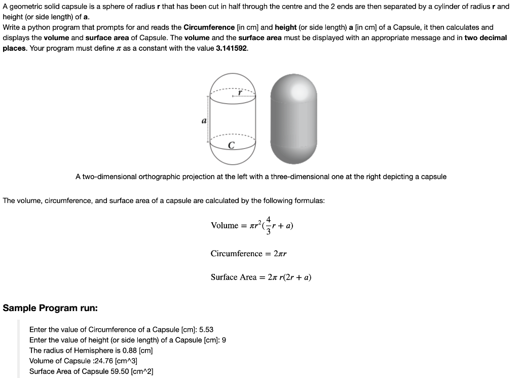 Solved A geometric solid capsule is a sphere of radius r | Chegg.com