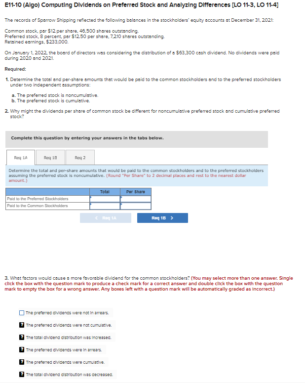 Solved E11-10 (Algo) ﻿Computing Dlvldends on Preferred Stock | Chegg.com