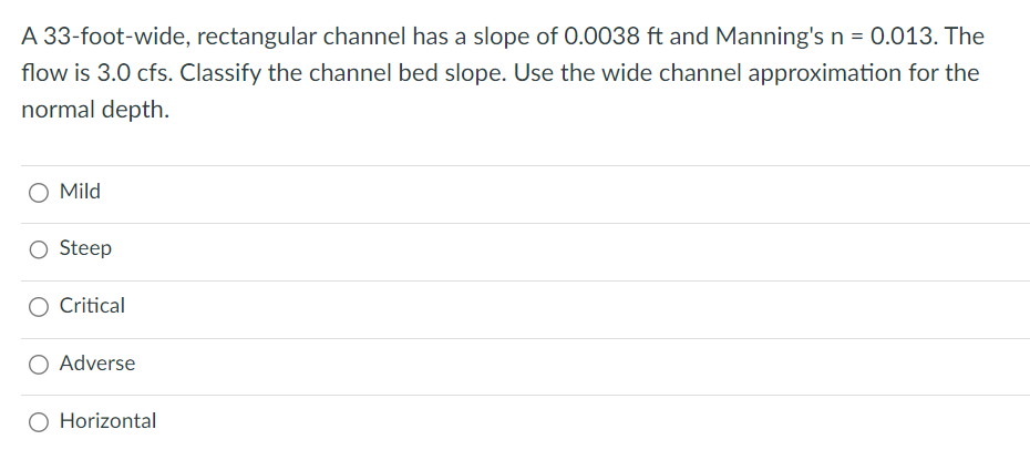 A 33-foot-wide, rectangular channel has a slope of | Chegg.com