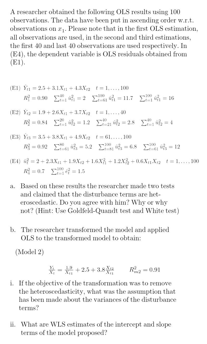Solved A researcher obtained the following OLS results using | Chegg.com