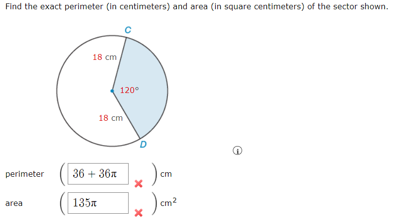 Solved Find the exact perimeter (in centimeters) ﻿and area | Chegg.com