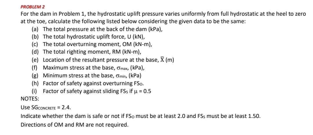 Solved For the dam in Problem 1, the hydrostatic uplift | Chegg.com