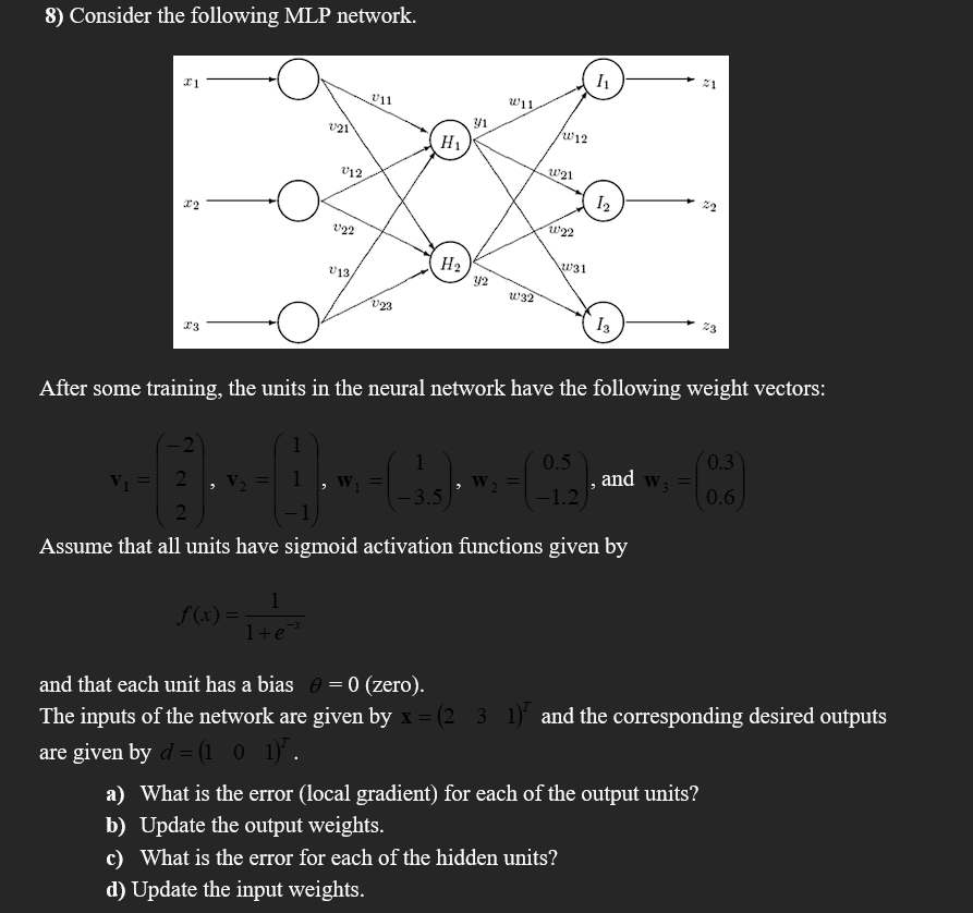 Solved 8 Consider The Following Mlp Network After Som 