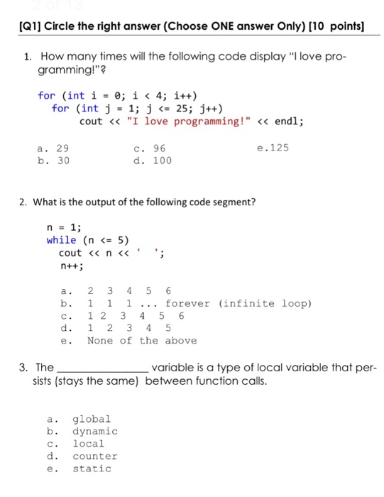 Solved [Q11 Circle the right answer (Choose ONE answer Only) | Chegg.com