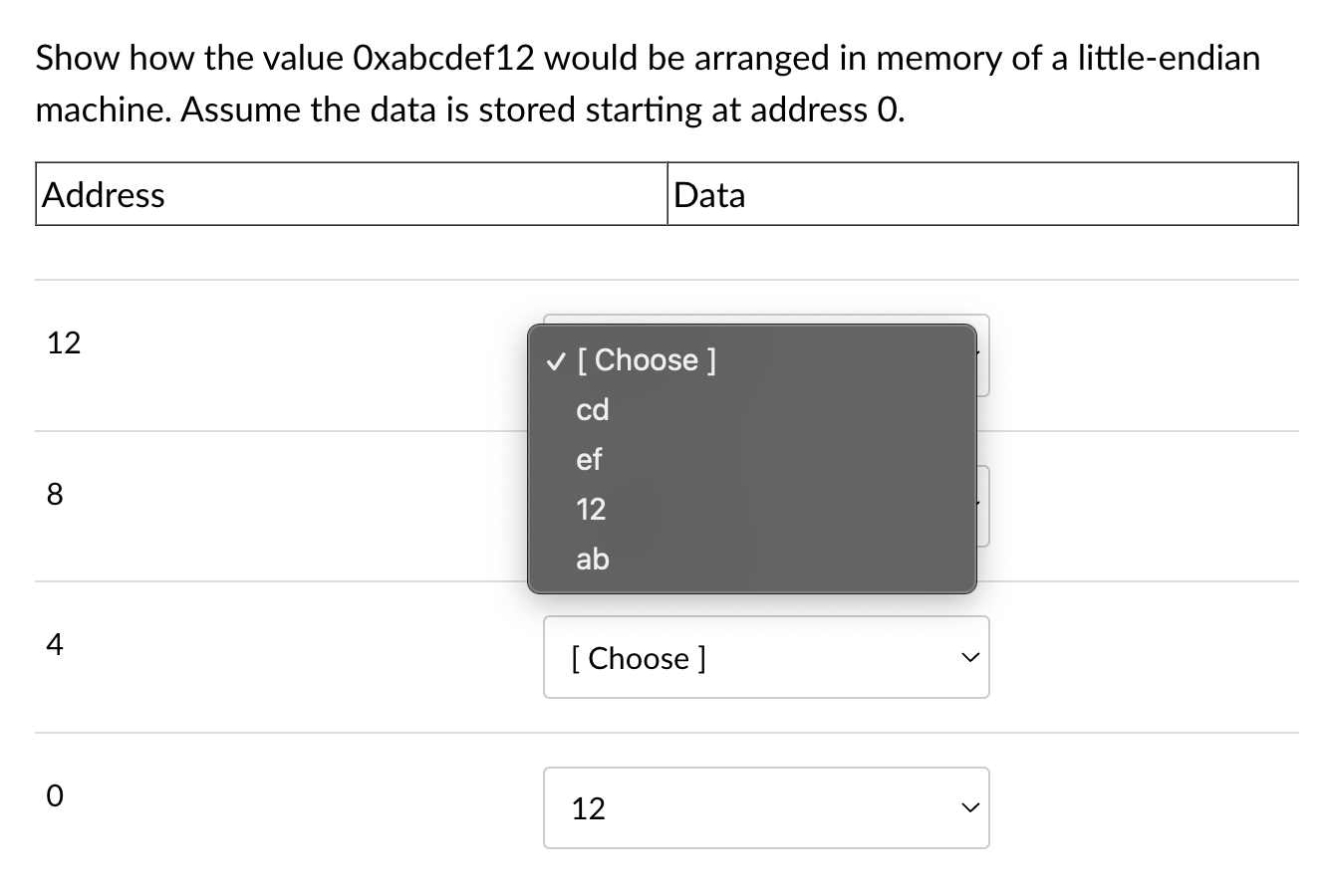 Solved Show how the value 0xabcdef12 would be arranged in | Chegg.com
