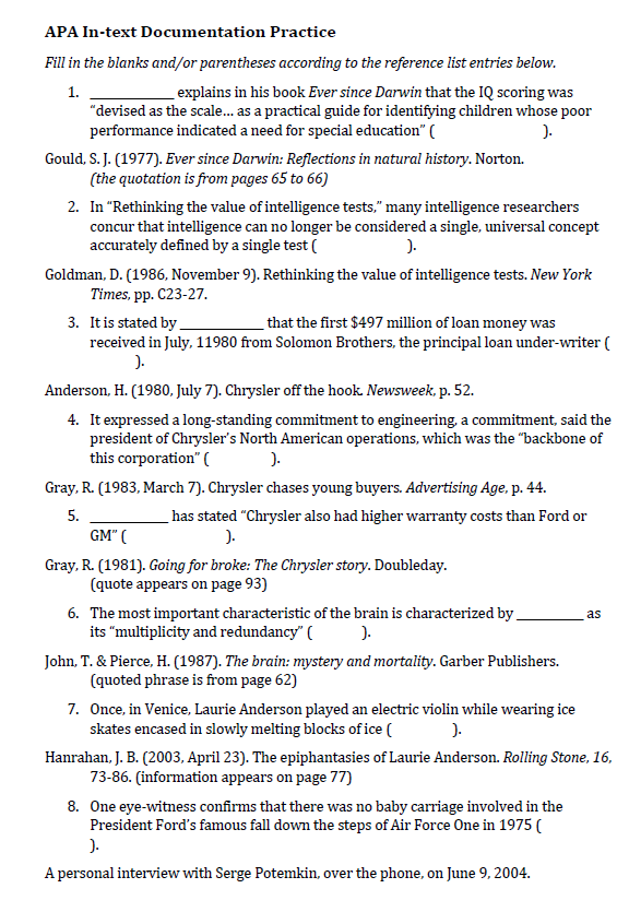 Solved APA In-text Documentation Practice Fill in the blanks | Chegg.com