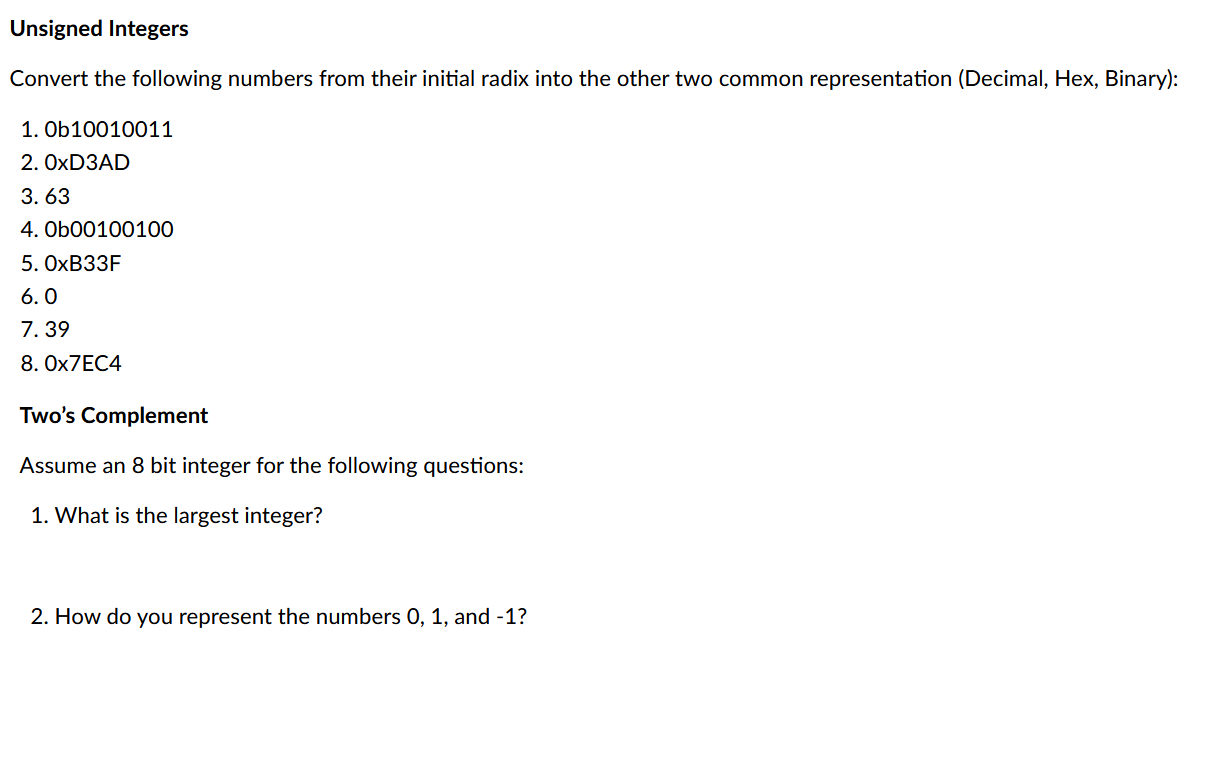 Solved Unsigned Integers Convert the following numbers from | Chegg.com