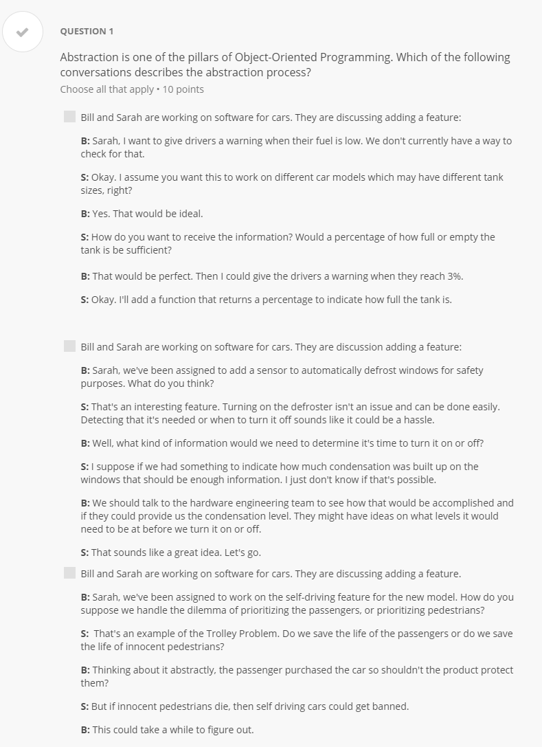 Solved QUESTION 1 Abstraction is one of the pillars of | Chegg.com