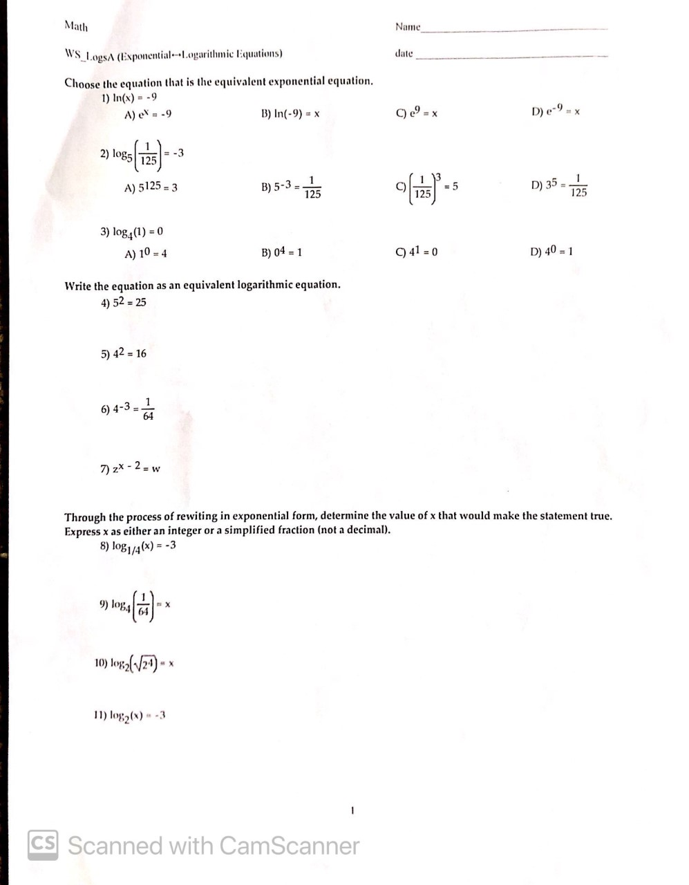 Solved Math Name WS LogsA (Exponential---Logarithmic | Chegg.com