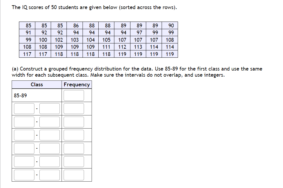 Solved The IQ scores of 50 students are given below (sorted | Chegg.com