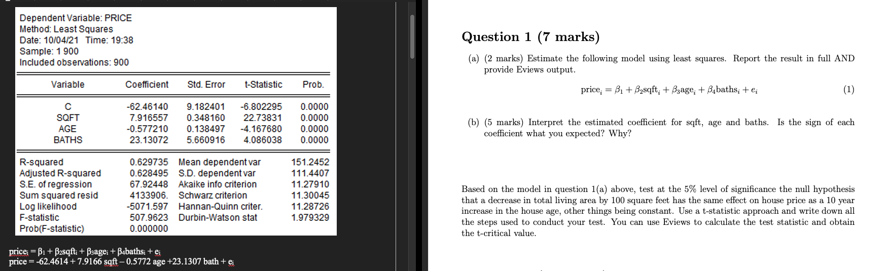 Solved Dependent Variable: PRICE Method: Least Squares Date: | Chegg.com
