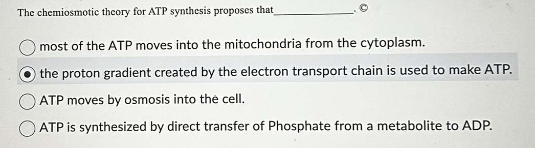 Solved The chemiosmotic theory for ATP synthesis proposes | Chegg.com
