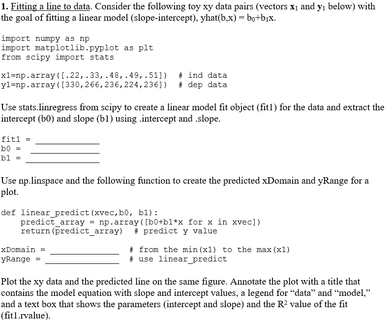 Solved 1. Fitting a line to data. Consider the following toy | Chegg.com
