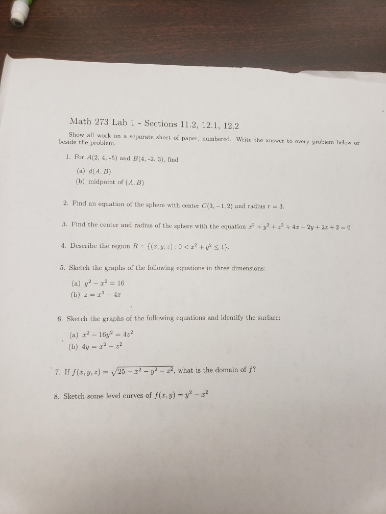 Solved Math 273 Lab 1 - Sections 11.2, 12.1, 12.2 Show all | Chegg.com