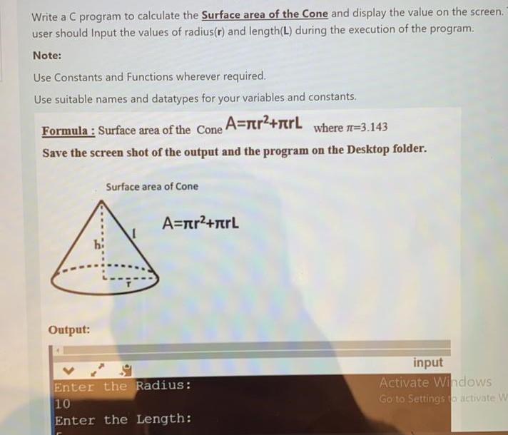 Solved Write a C program to calculate the Surface area of | Chegg.com