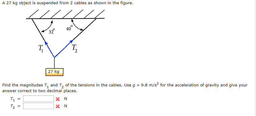 Solved A 27 Kg Object Is Suspended From 2 Cables As Shown In