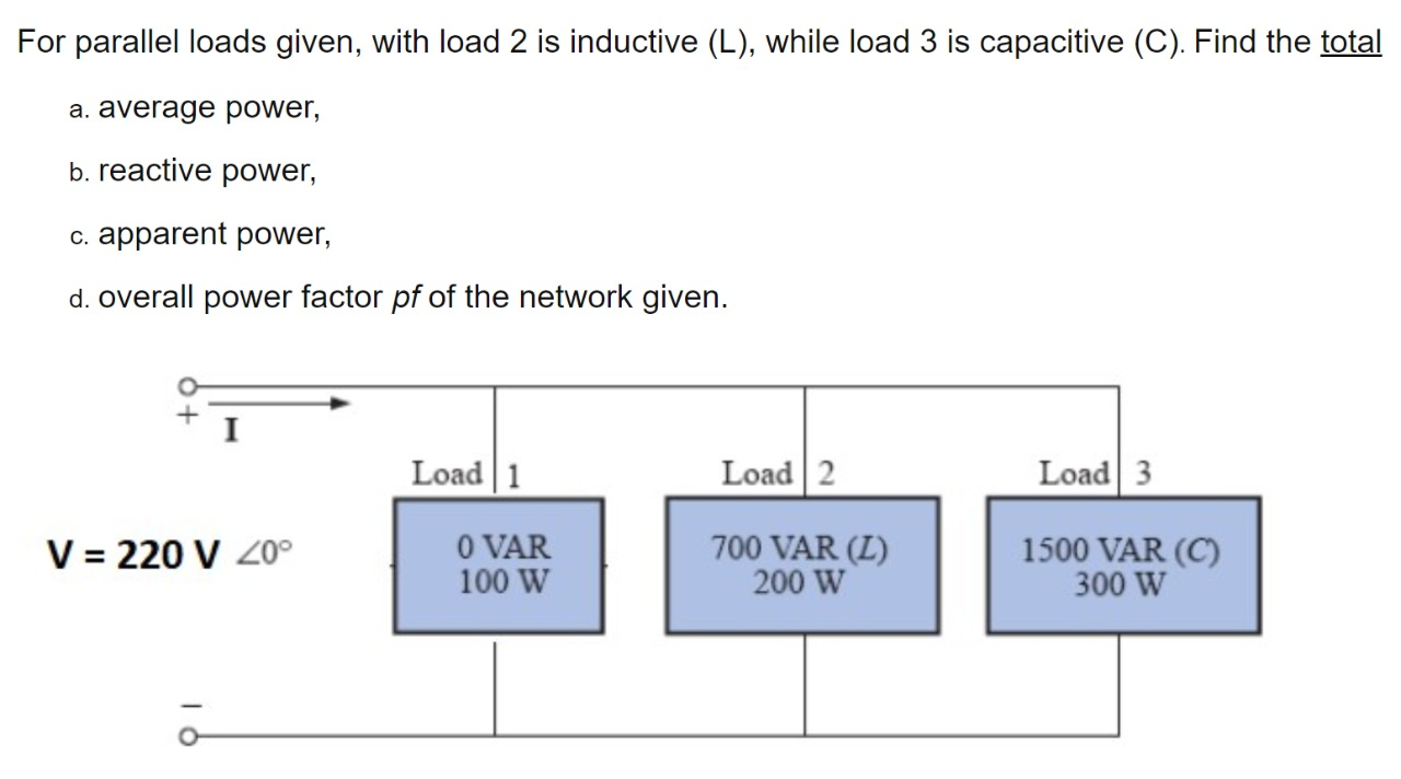 Solved For parallel loads given, with load 2 is inductive | Chegg.com