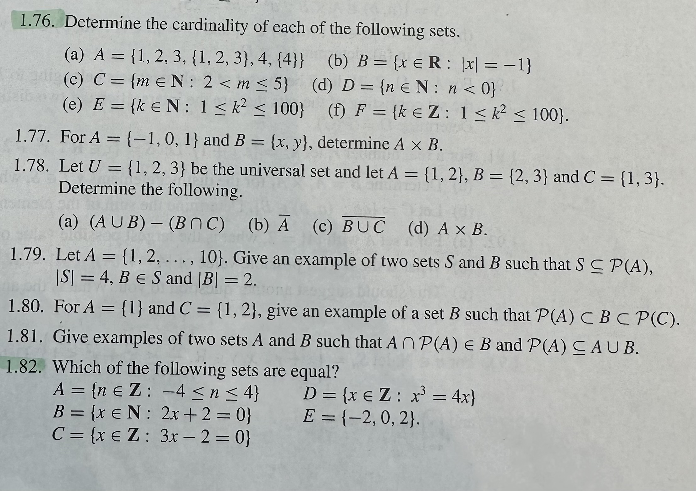 Solved 1.76. Determine the cardinality of each of the | Chegg.com