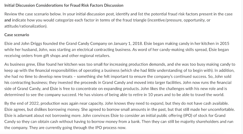 Solved Initial Discussion Considerations for Fraud Risk | Chegg.com