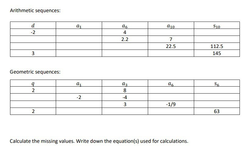 Solved Arithmetic sequences: Geometric sequences: Calculate | Chegg.com