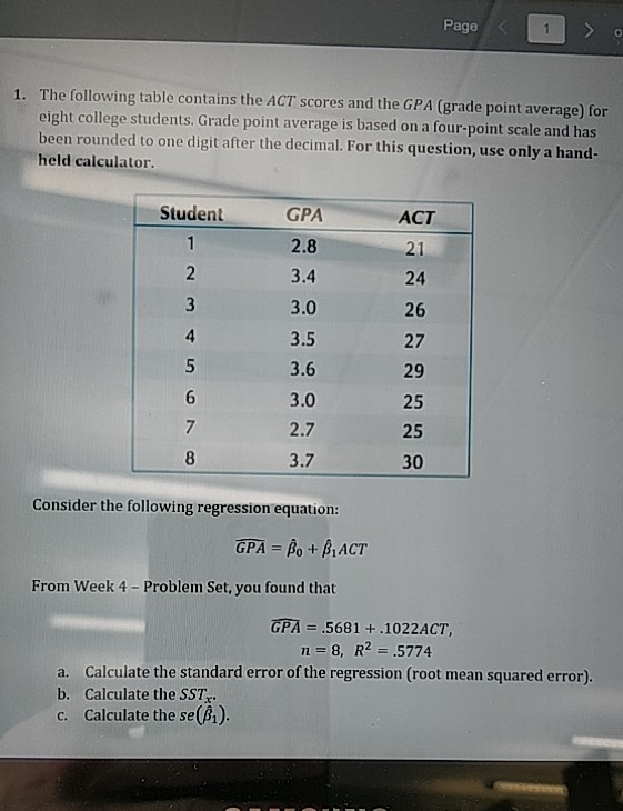 Solved Page 1. The following table contains the ACT scores | Chegg.com