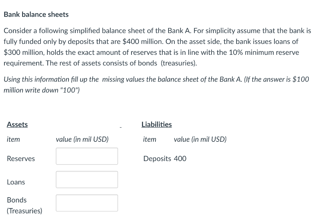 Solved Bank balance sheets Consider a following simplified | Chegg.com