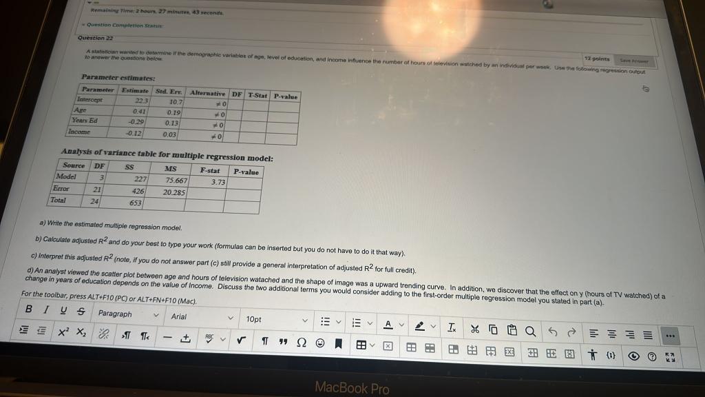 Solved A nalysis of variance table for multiple regression | Chegg.com