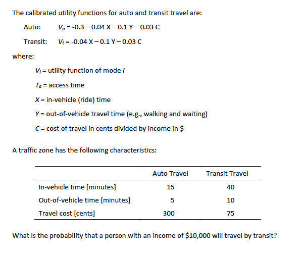 Solved The calibrated utility functions for auto and transit | Chegg.com