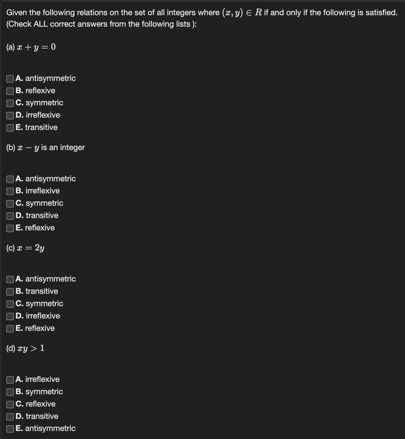 Solved Given the following relations on the set of all | Chegg.com