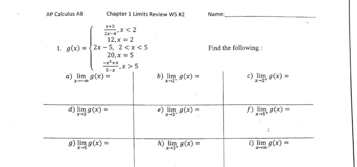 Solved AP Calculus AB Chapter 1 Limits Review WS #2 Name | Chegg.com