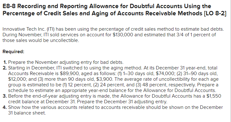 Solved E8-8 Recording and Reporting Allowance for Doubtful | Chegg.com