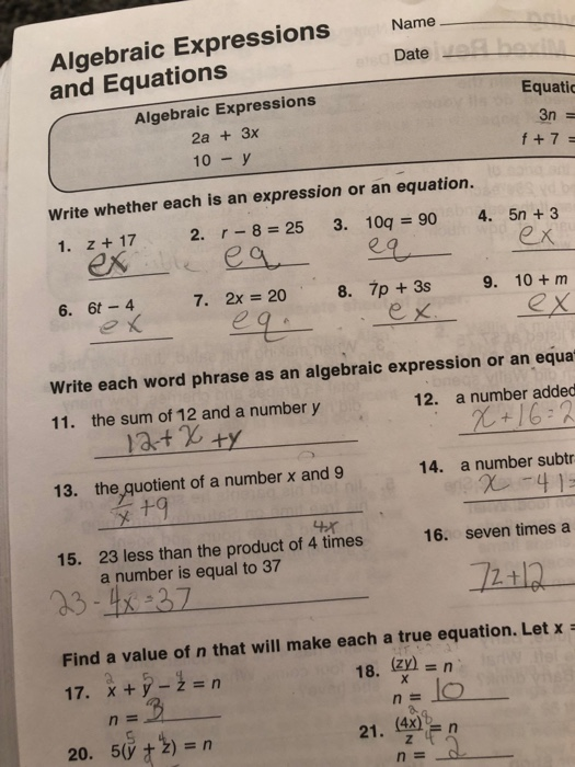 Solved Algebraic Expressions and Equations Name Date | Chegg.com