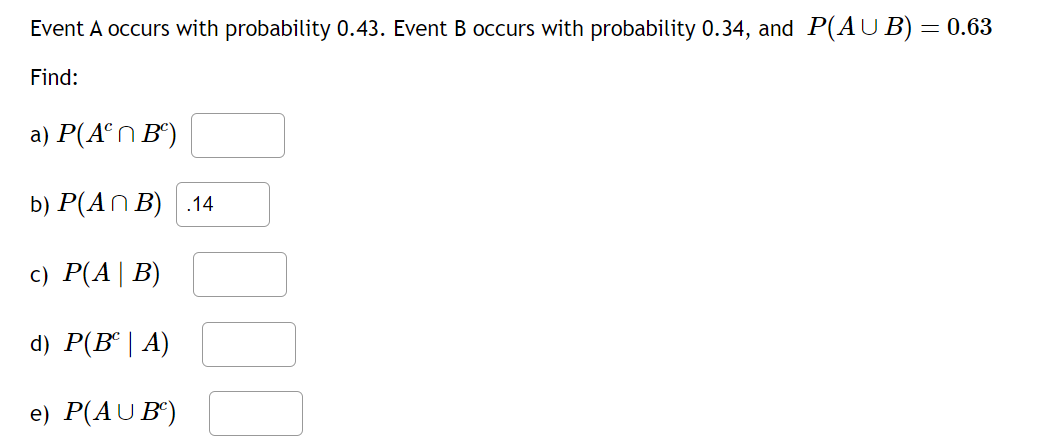 Solved Event A occurs with probability 0.43. Event B occurs | Chegg.com