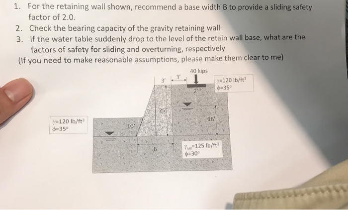 Solved 1. For the retaining wall shown, recommend a base | Chegg.com