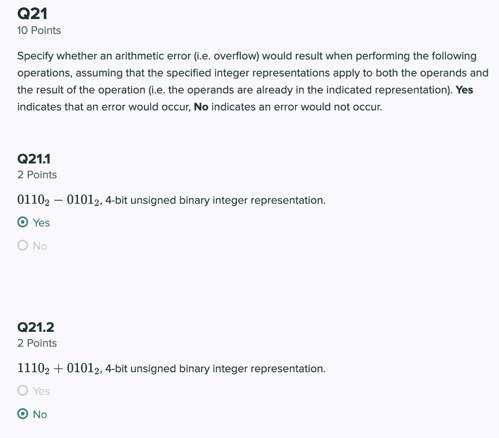 Solved Q21 10 Points Specify whether an arithmetic error | Chegg.com
